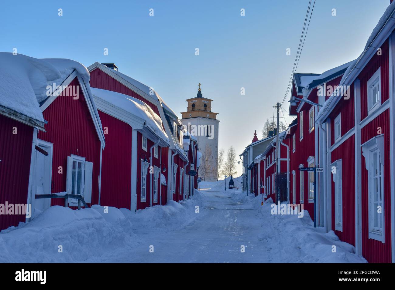 Rows with red huts in Gammelstad church town located near the Swedish ...