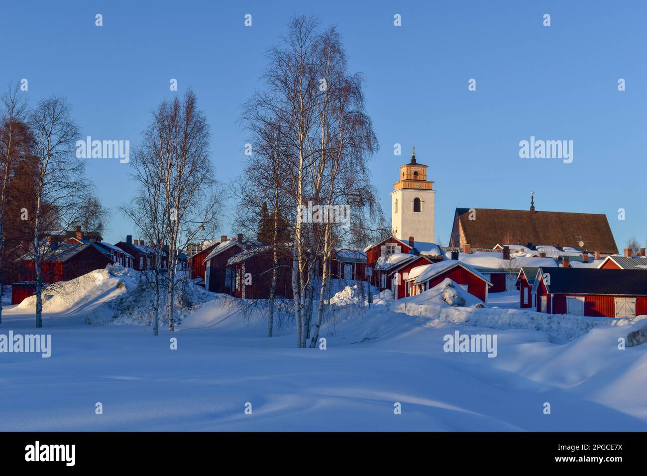 Rows with red huts in Gammelstad church town located near the Swedish ...