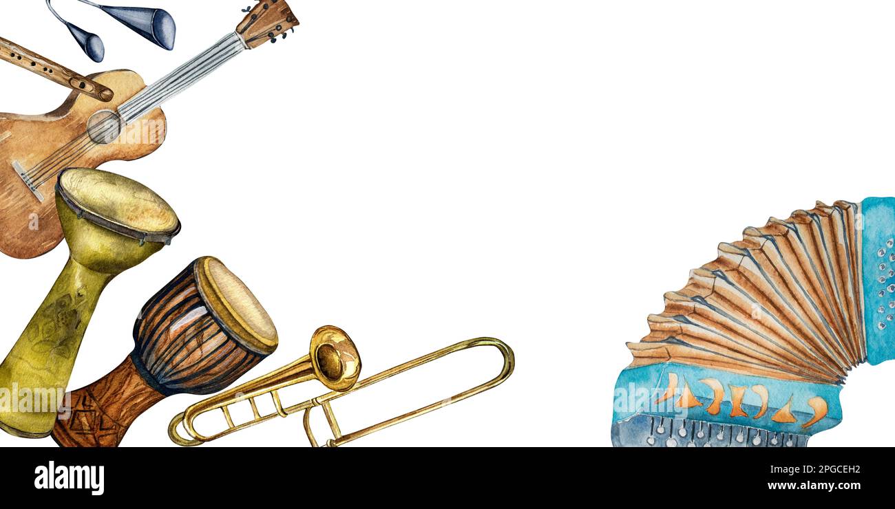 Board of variouse percussion musical instruments watercolor ...