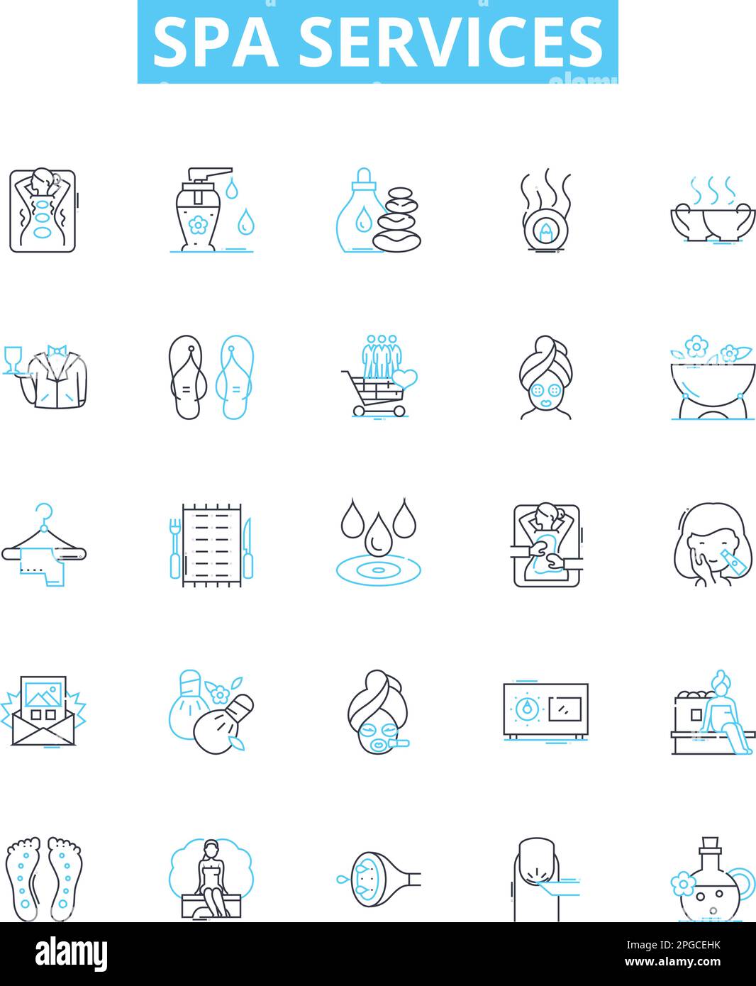 Spa services vector line icons set. Massage, Facial, Pedicure, Manicure, Waxing, Sauna, Scrubs ...