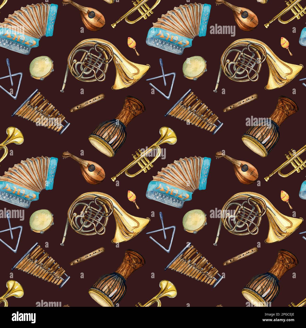 Musical instruments seamless pattern watercolor isolated on dark. Folk ...