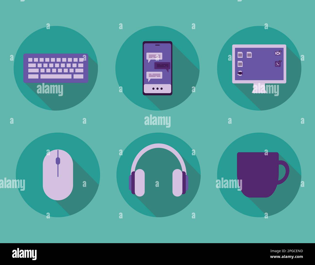 Home workplace flat icon set in purple and blue colors. Business and ...