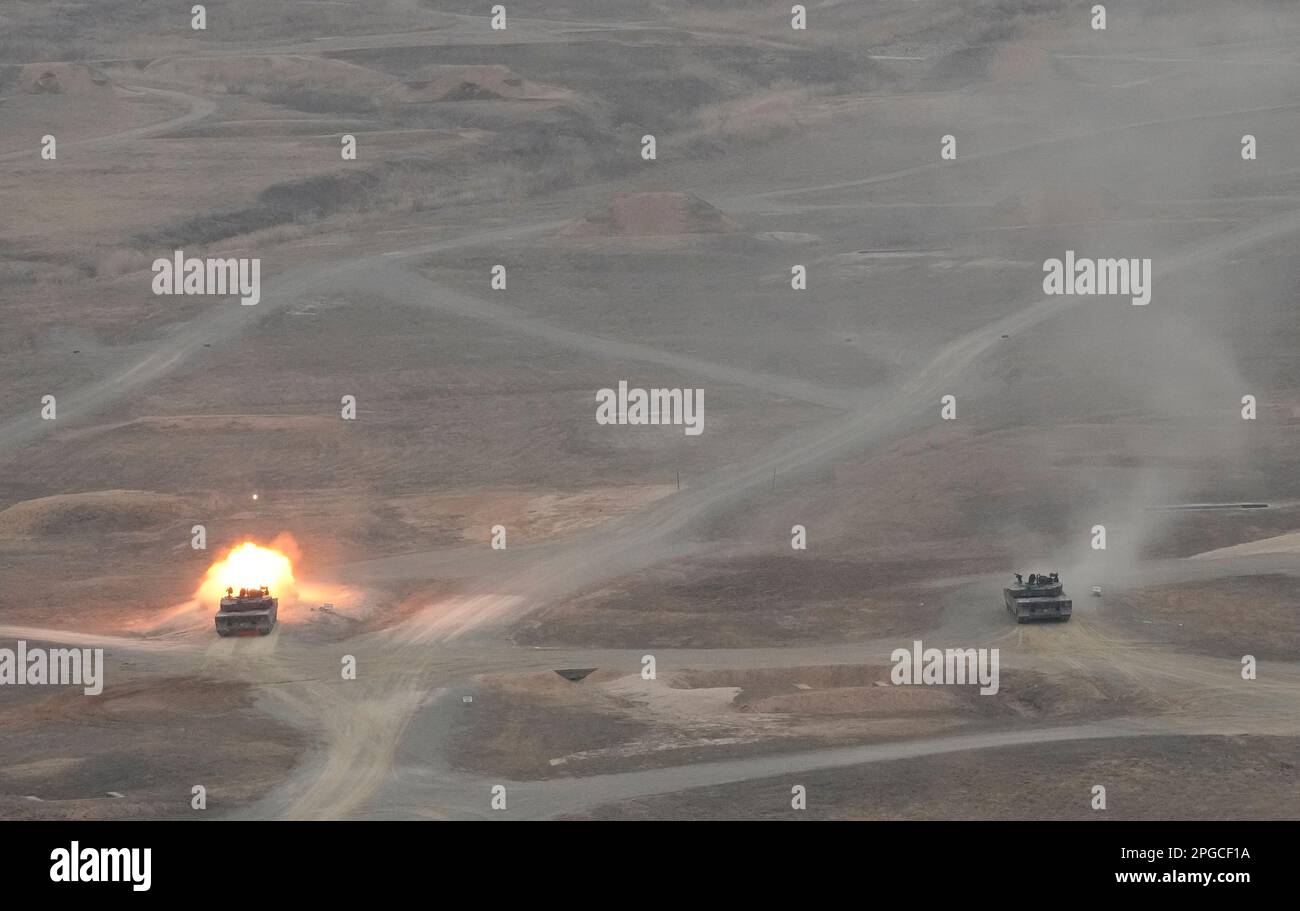 A South Korean army K1A1 tank fires during a combined live fire ...