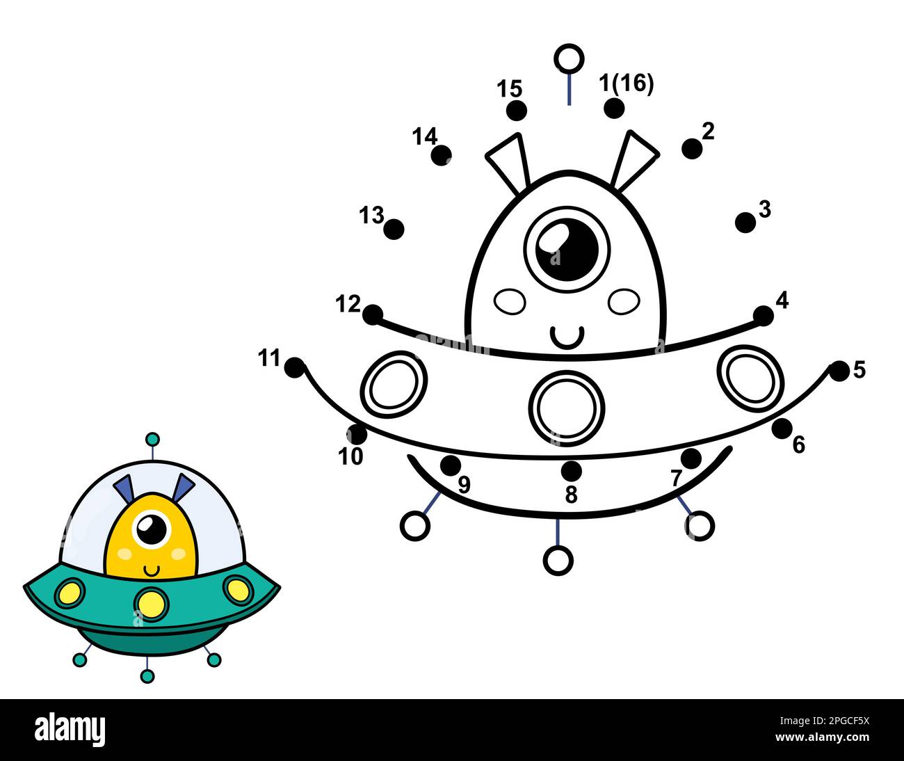 Connect the dots and draw a cute alien in flying saucer. Space dot to ...