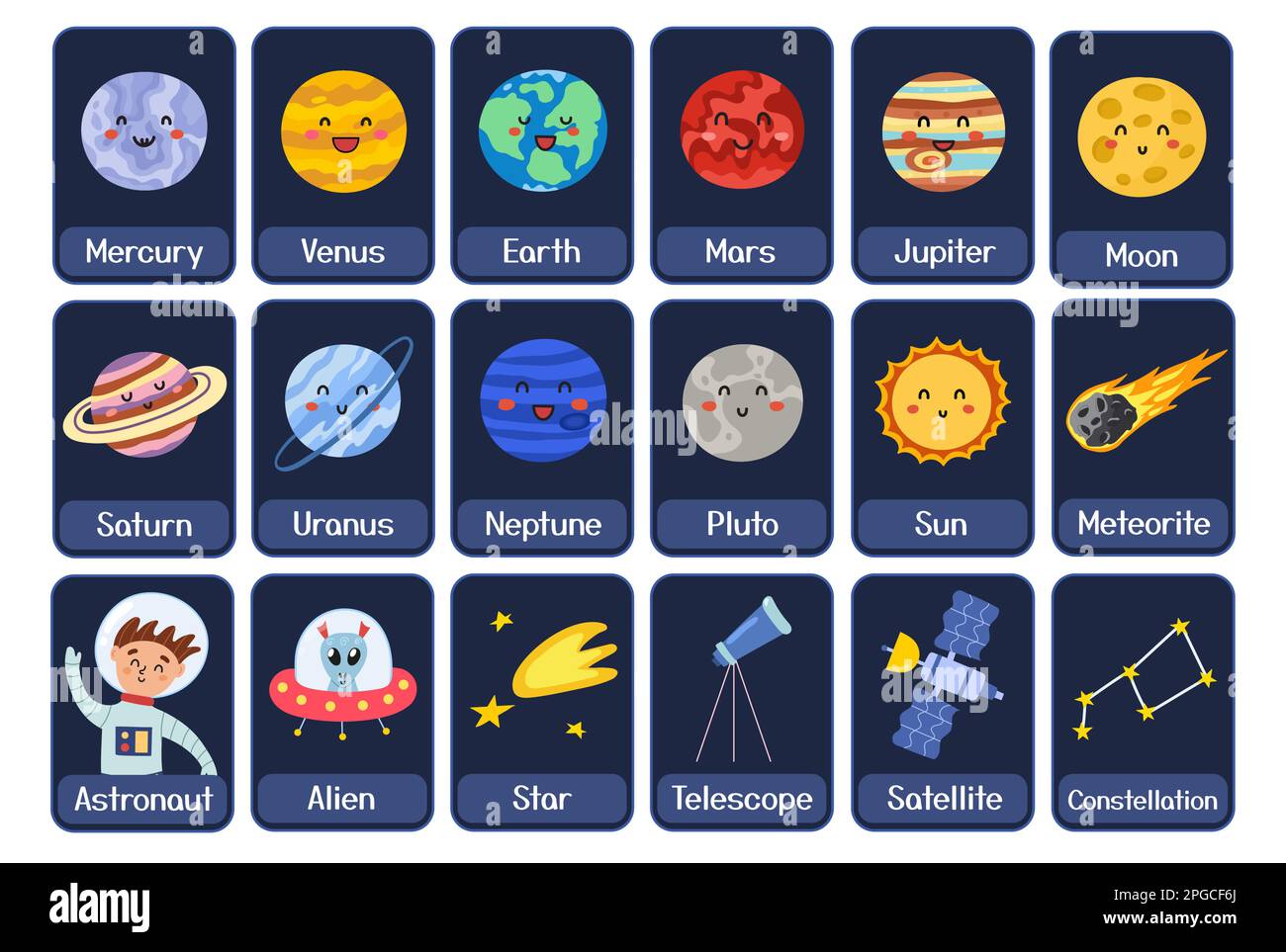 Space cards for kids. Educational flashcards with planets and other ...