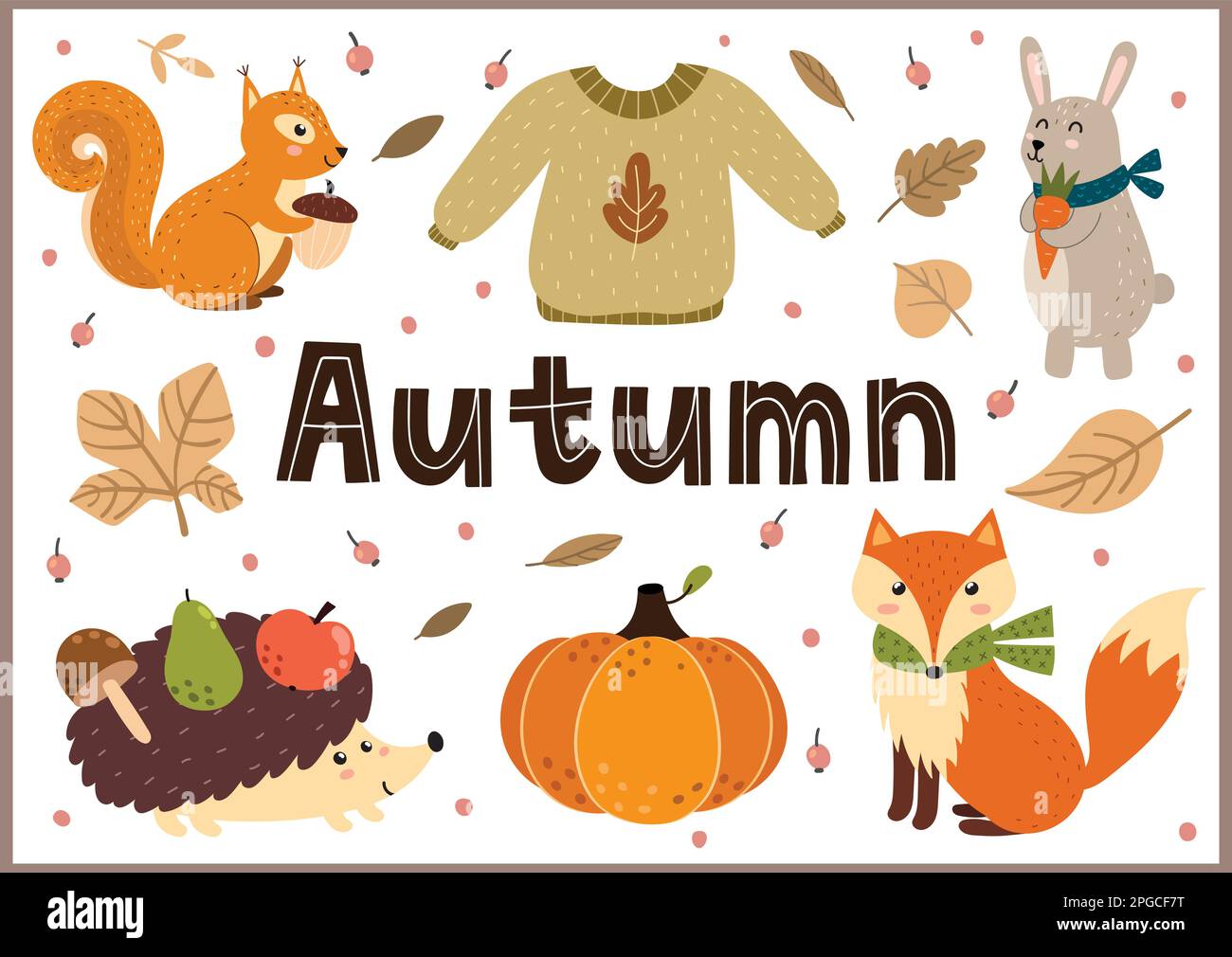 Autumn background with cute forest animals and leaves. Fall season ...