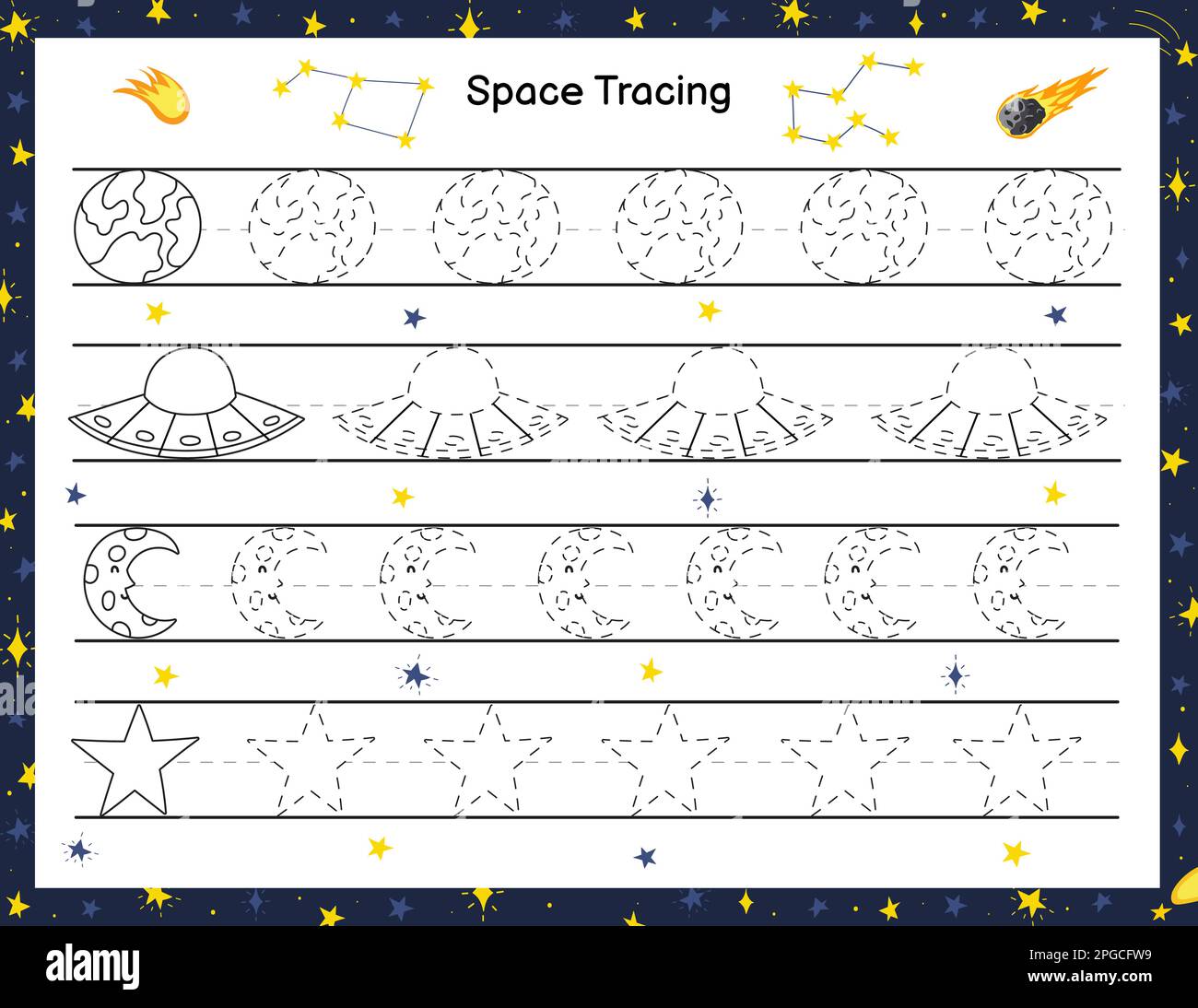 Trace space objects activity page for kids. Handwriting practice ...
