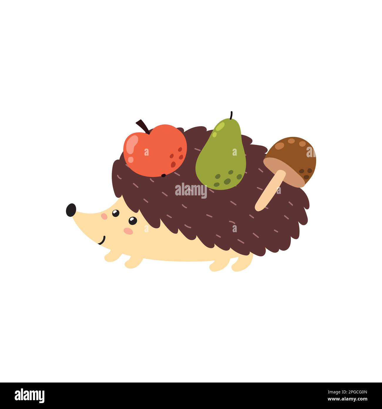 Cute hedgehog carrying fruits. Funny forest character with apple, pear ...