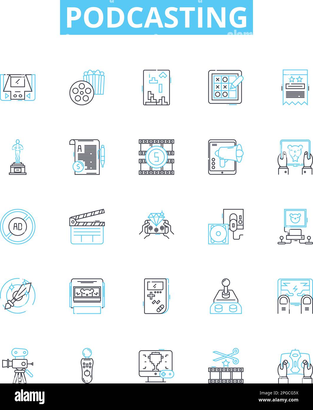 Podcasting vector line icons set. Streaming, Recording, Producing ...