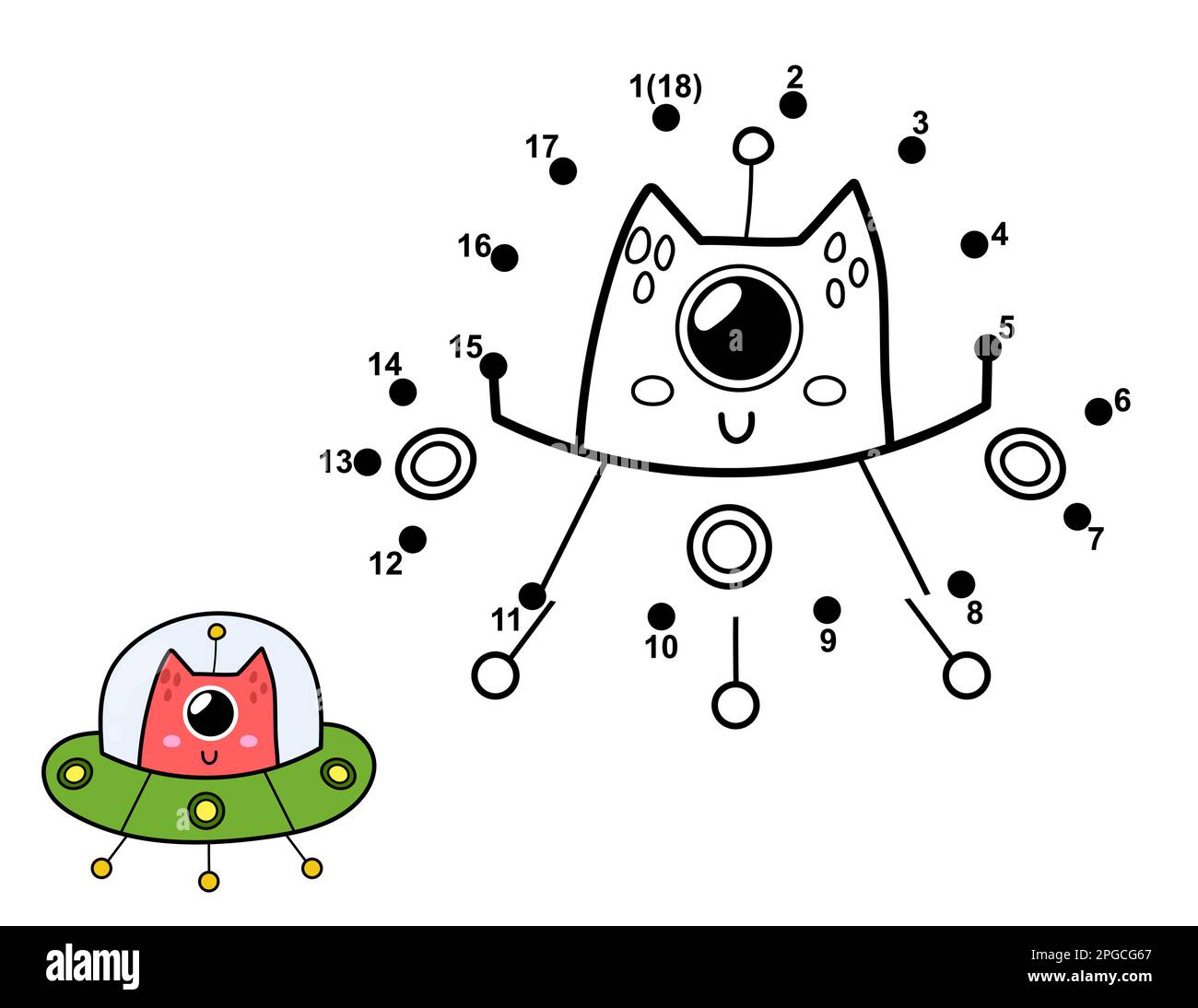 Connect the dots and draw a cute alien in flying saucer. Space dot to ...