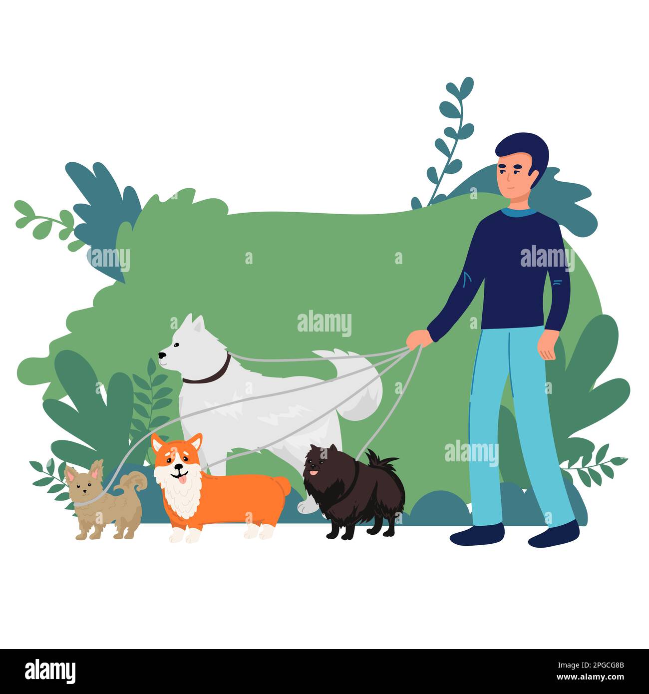 Dog sitter composition with outdoor landscape and doodle male character ...