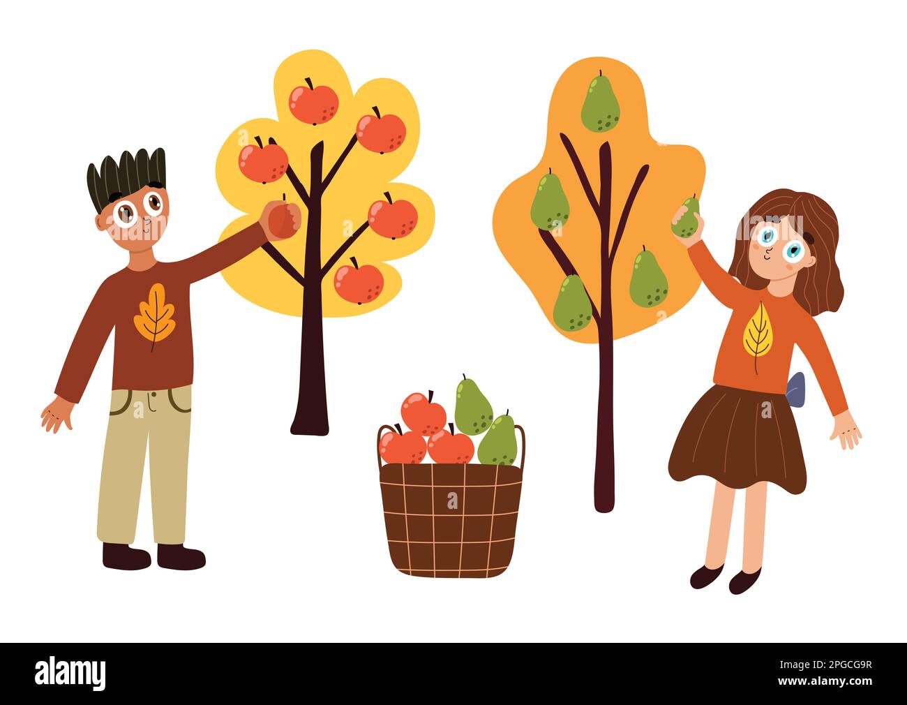 Cute boy and girl picking fruits in the basket. Autumn harvest kids at ...