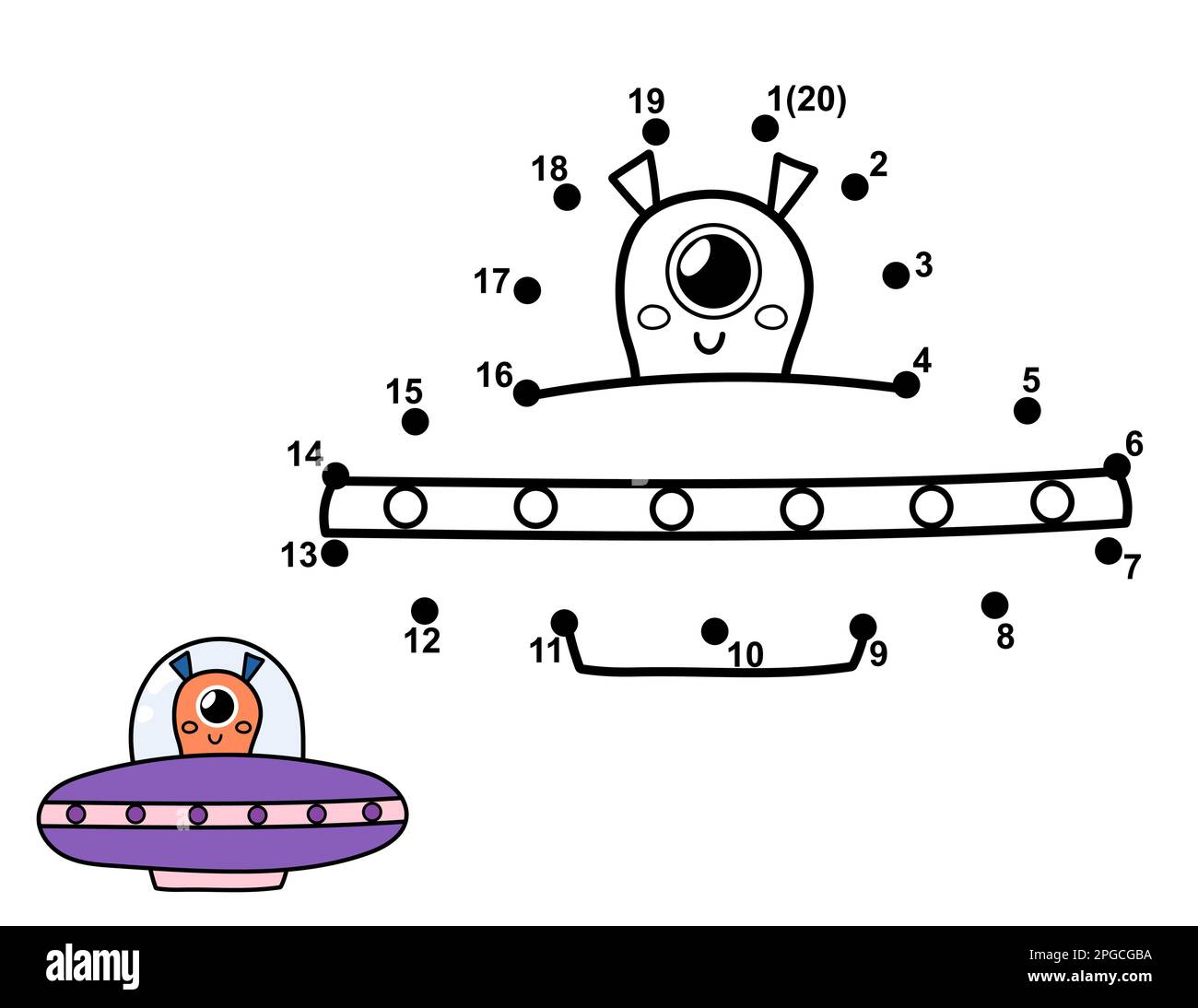 Connect the dots and draw a cute alien in flying saucer. Space dot to dot game Stock Vector ...
