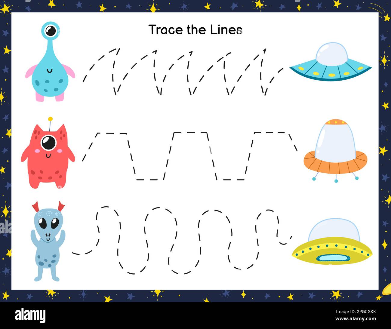 Trace lines from cute aliens to the flying saucers. Activity page for ...