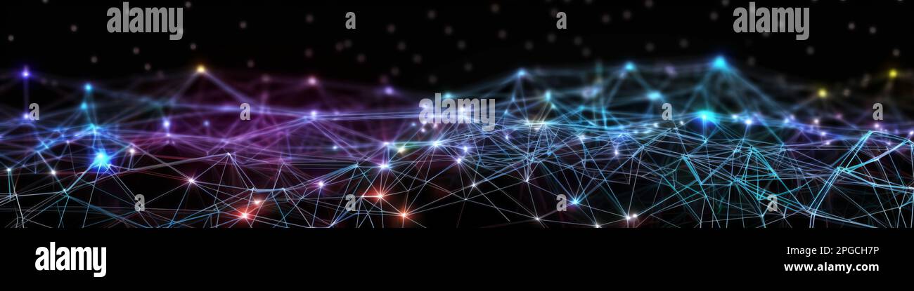Panoramic image of abstract patterns, sound waves, network, financial ...