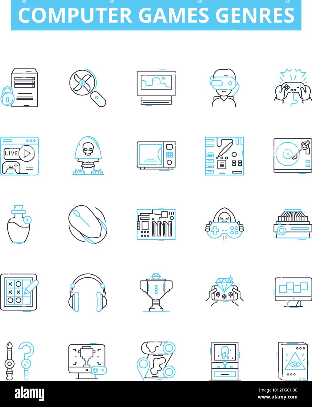 Computer games genres vector line icons set. Simulation, Shooter ...