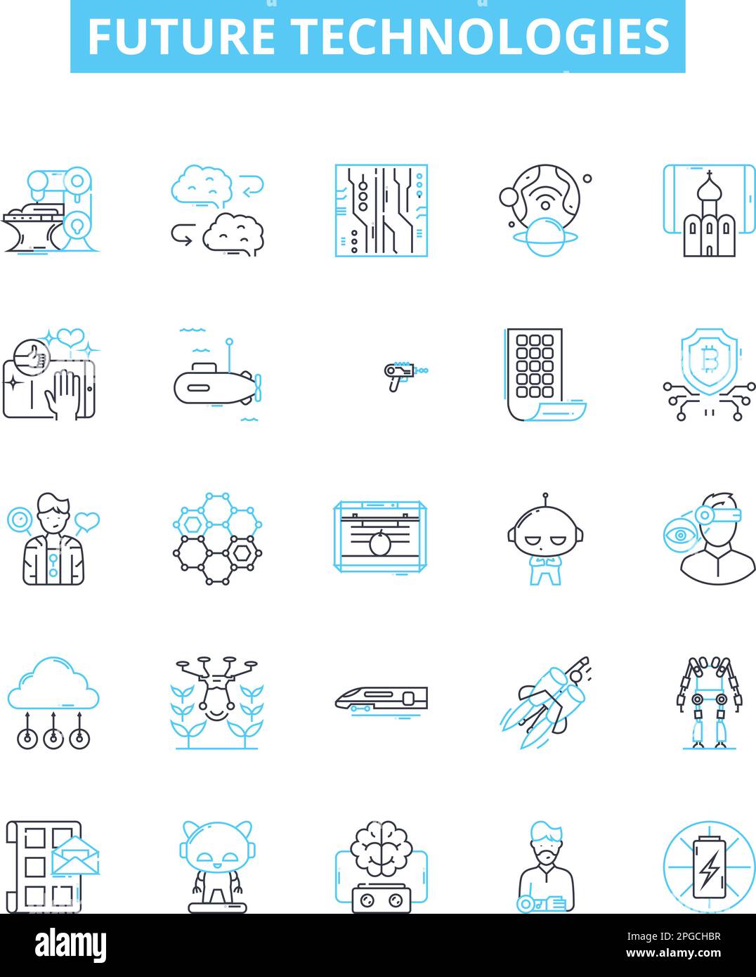 Future technologies vector line icons set. AI, Robotics, BigData, Blockchain, Cybersecurity ...