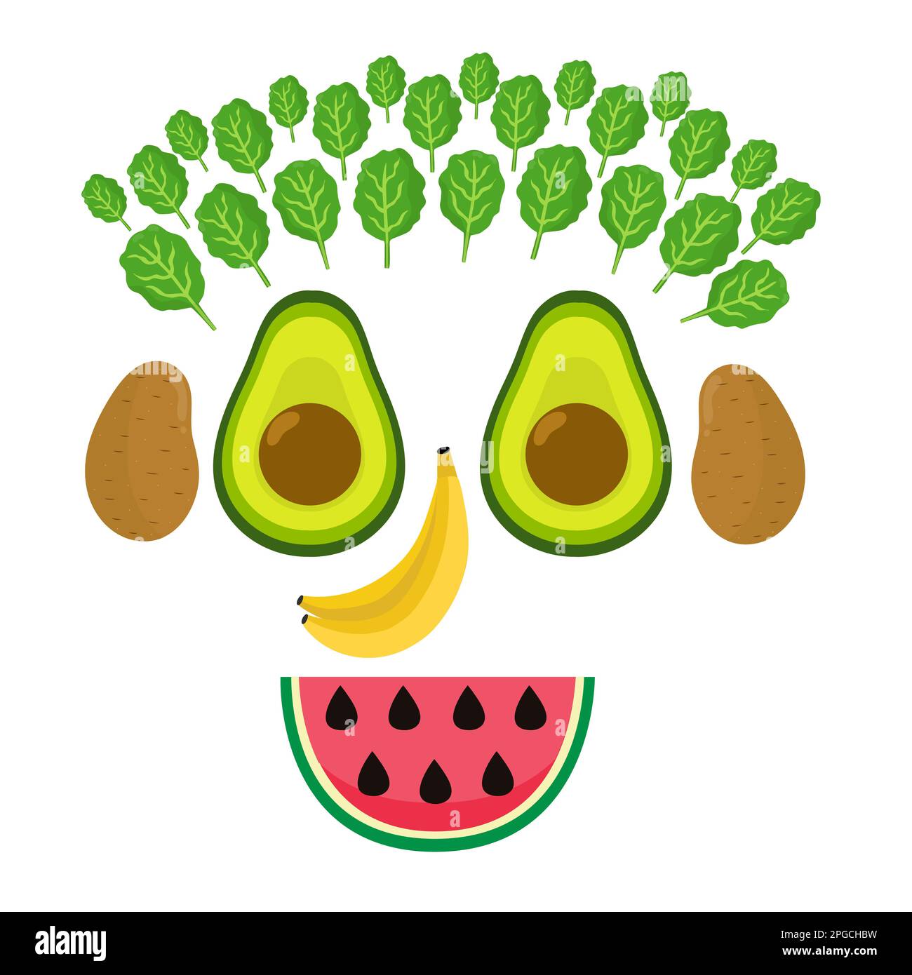 Funny smiling fruit and vegetable face. Funny food mask with avocados ...