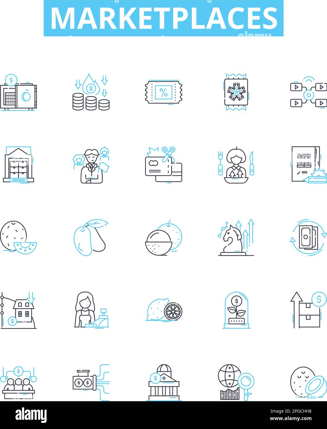 Marketplaces vector line icons set. Marketplaces, ecommerce, trading ...