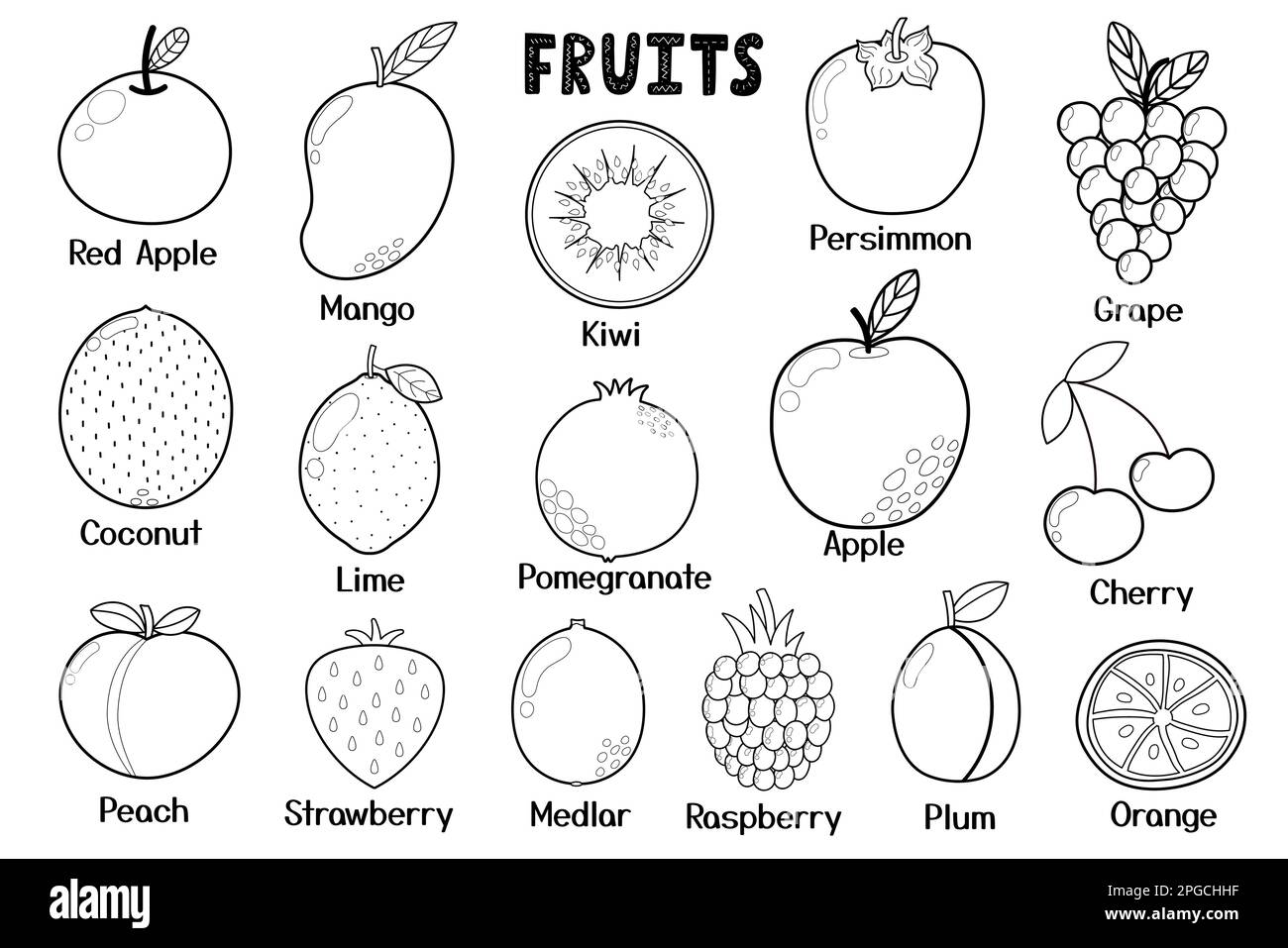 Black and white fruits collection. Healthy food isolated elements in ...