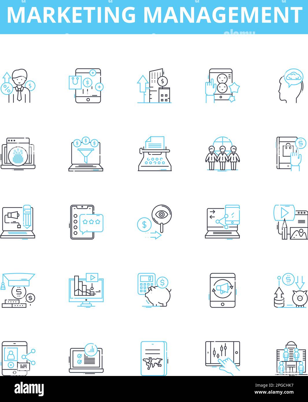 Marketing management vector line icons set. Strategy, Advertising, Branding, Research, Analysis ...