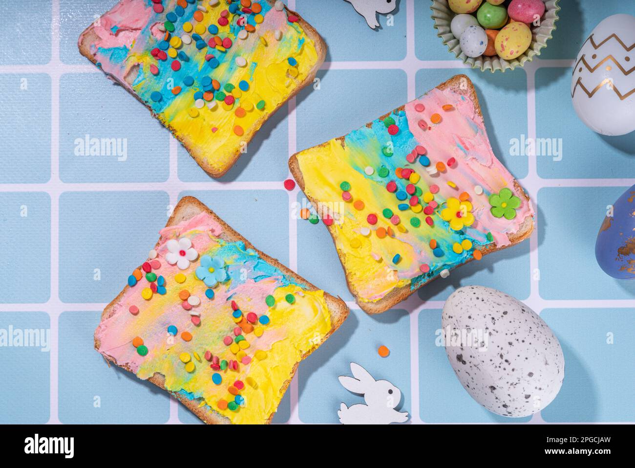 Cute sweet and funny Easter breakfast for kids. Homemade rainbow ...