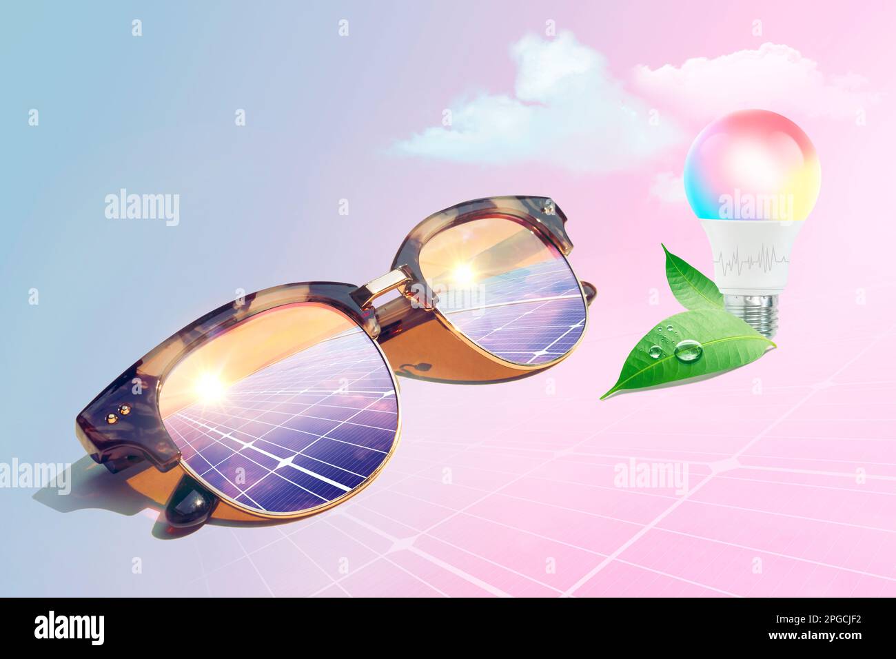 solar panels reflection in sun glass,renewable energy and LED light ...