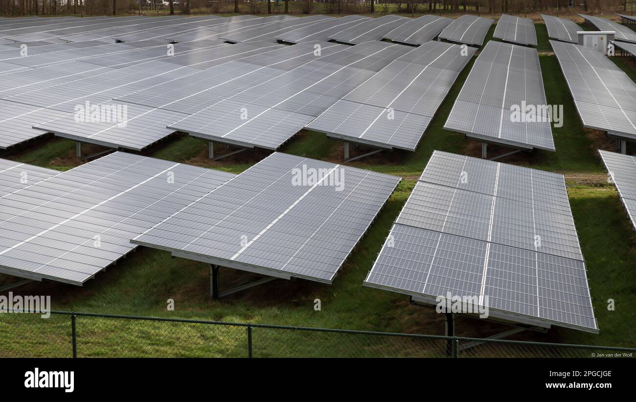 Large field with solar panels on the ground for alternative energy ...