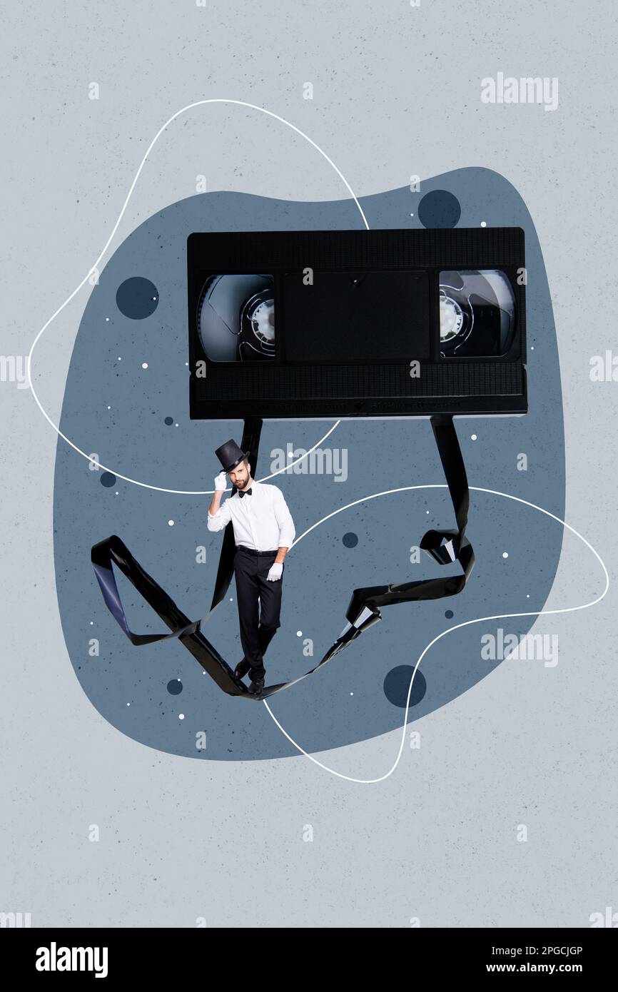 Vertical collage picture of mini classy wizard showman huge video ...