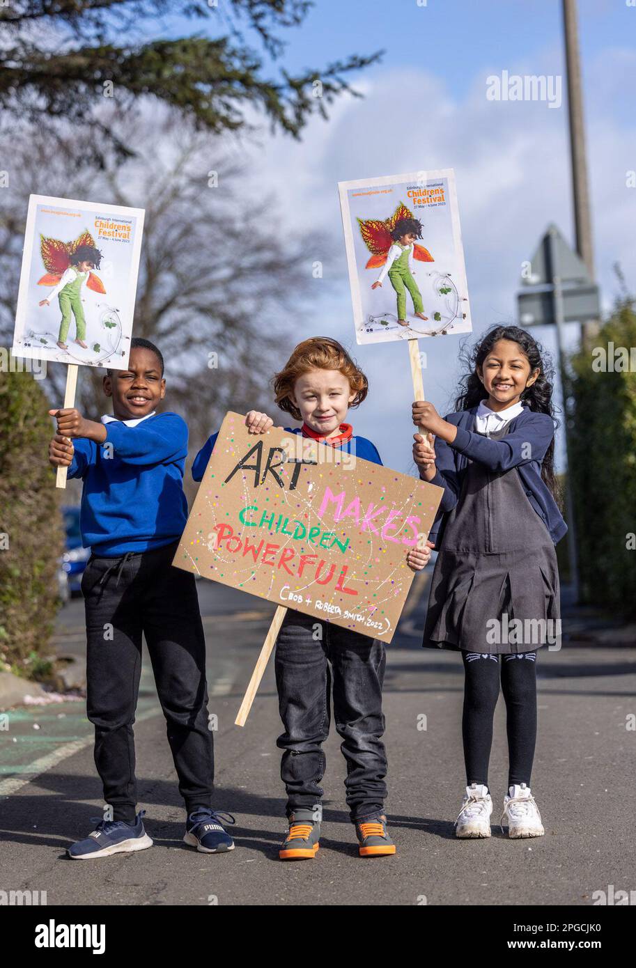 Edinburgh, United Kingdom. 22 March, 2023 Pictured: L to R John (7 ...