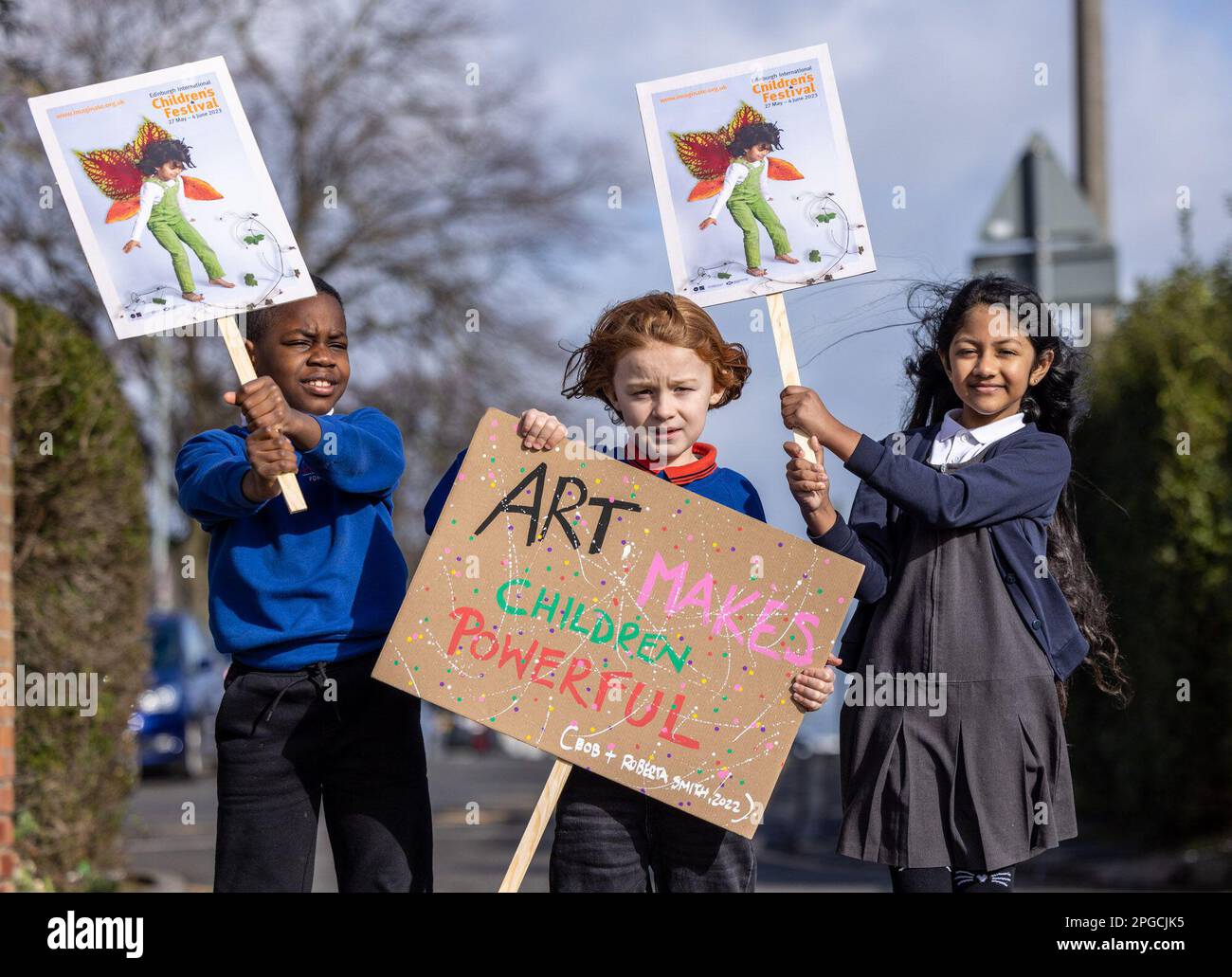 Edinburgh, United Kingdom. 22 March, 2023 Pictured: L to R John (7 ...