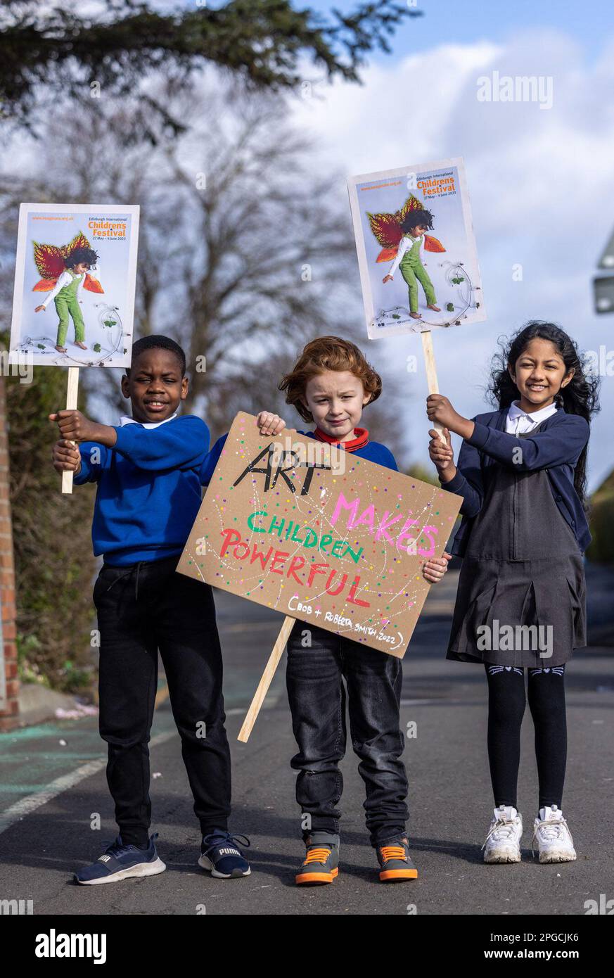 Edinburgh, United Kingdom. 22 March, 2023 Pictured: L to R John (7 ...