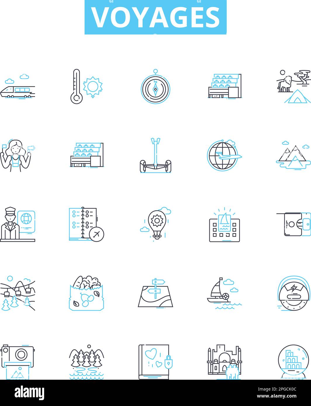 Voyages vector line icons set. Tours, Trips, Cruises, Journeys, Tours ...