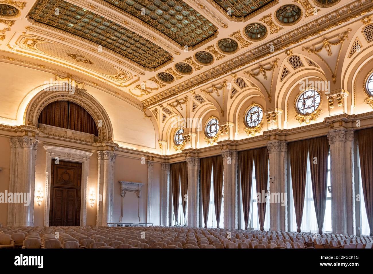 Gigantic state room inside the Parliament buildings in Bucharest ...