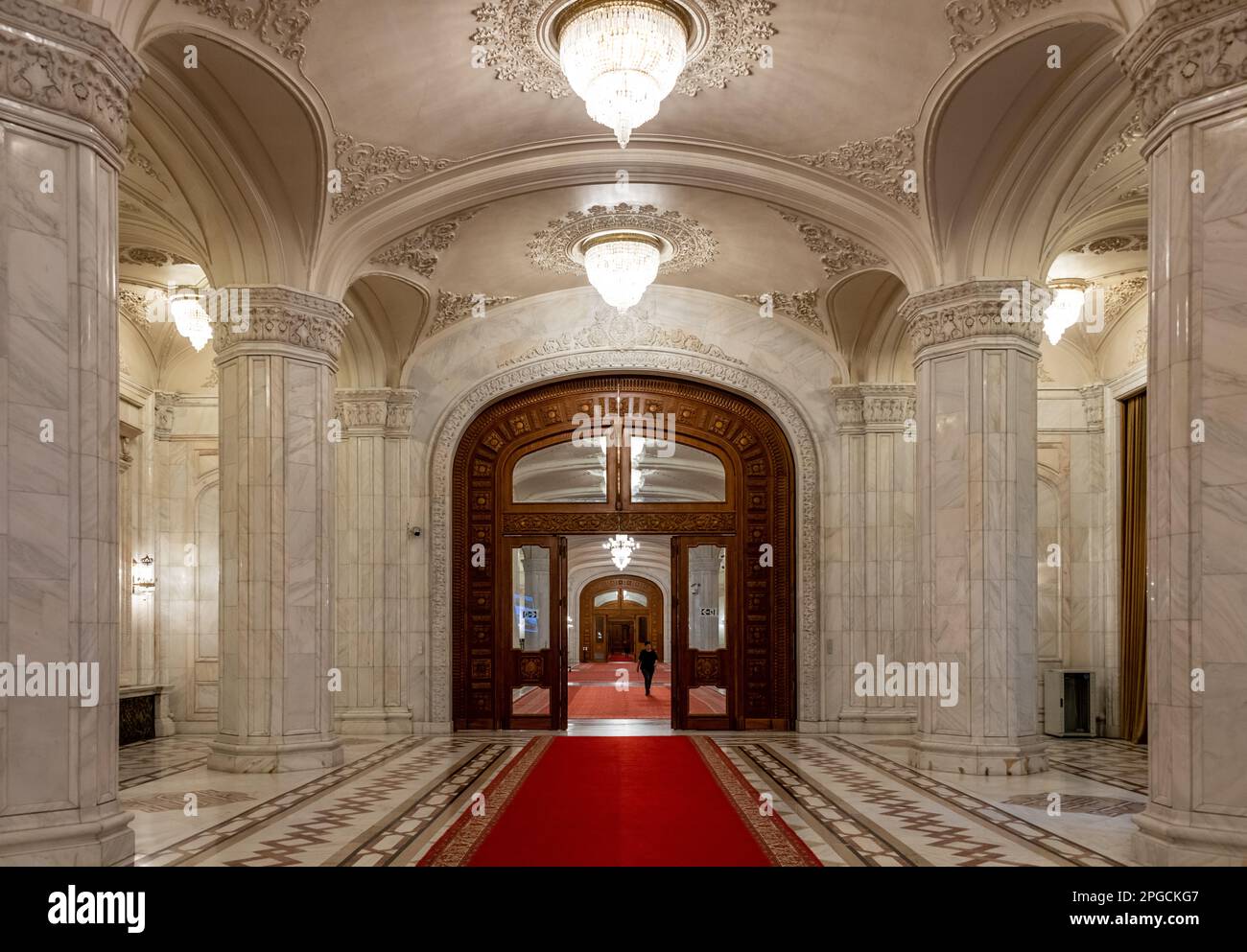 Marble hallway inside the Parliament buildings in Bucharest, Romania ...
