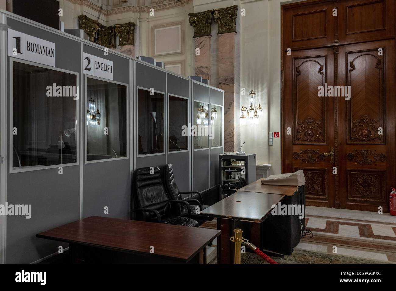 Media booths for T crews inside the Parliament buildings in Bucharest ...