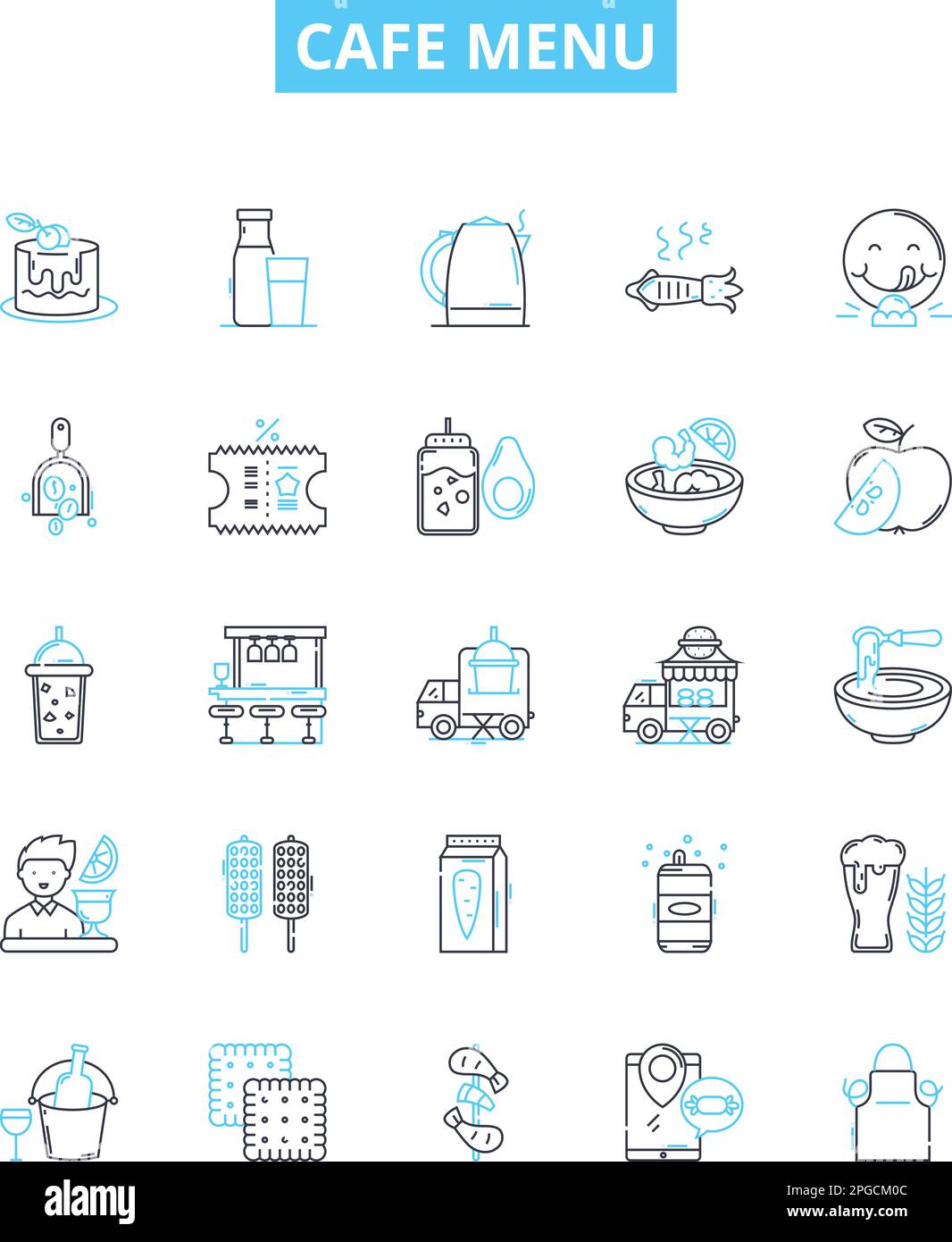 Cafe menu vector line icons set. Coffees, Desserts, Sandwiches, Drinks ...