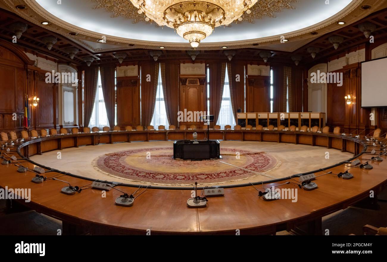 Media / conference room inside the Parliament buildings in Bucharest ...