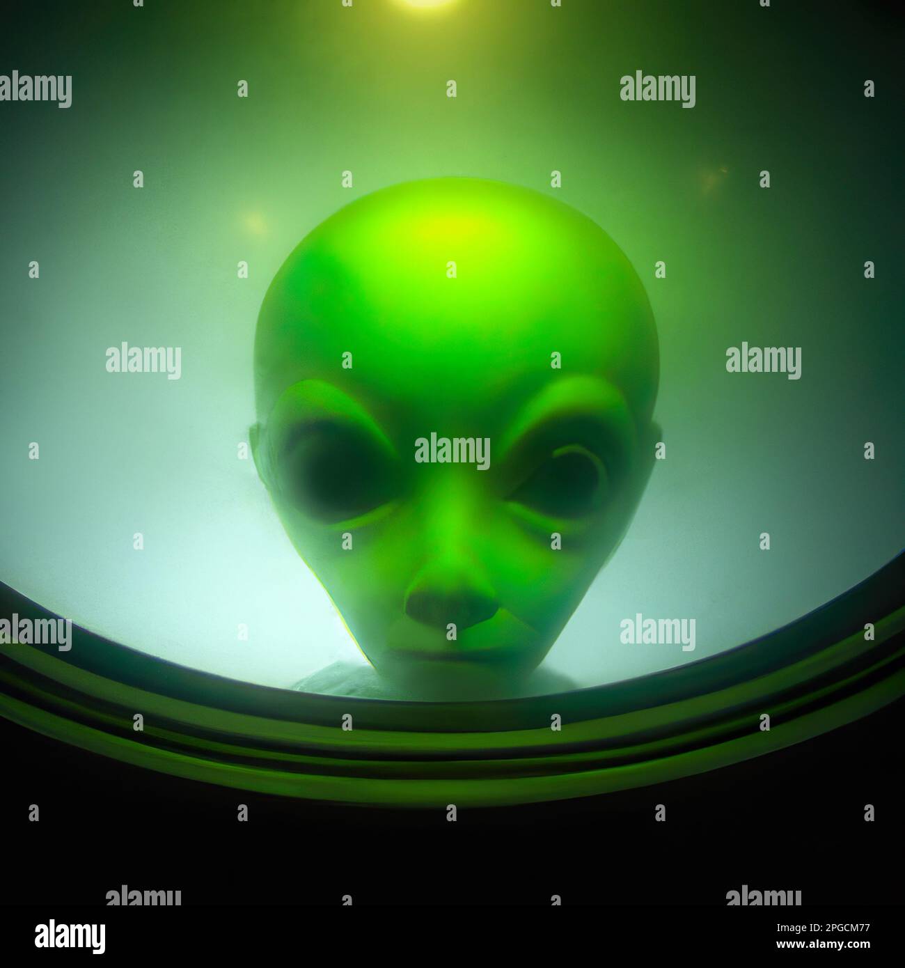 Green alien looking from behind a window with a backlit generated with ...