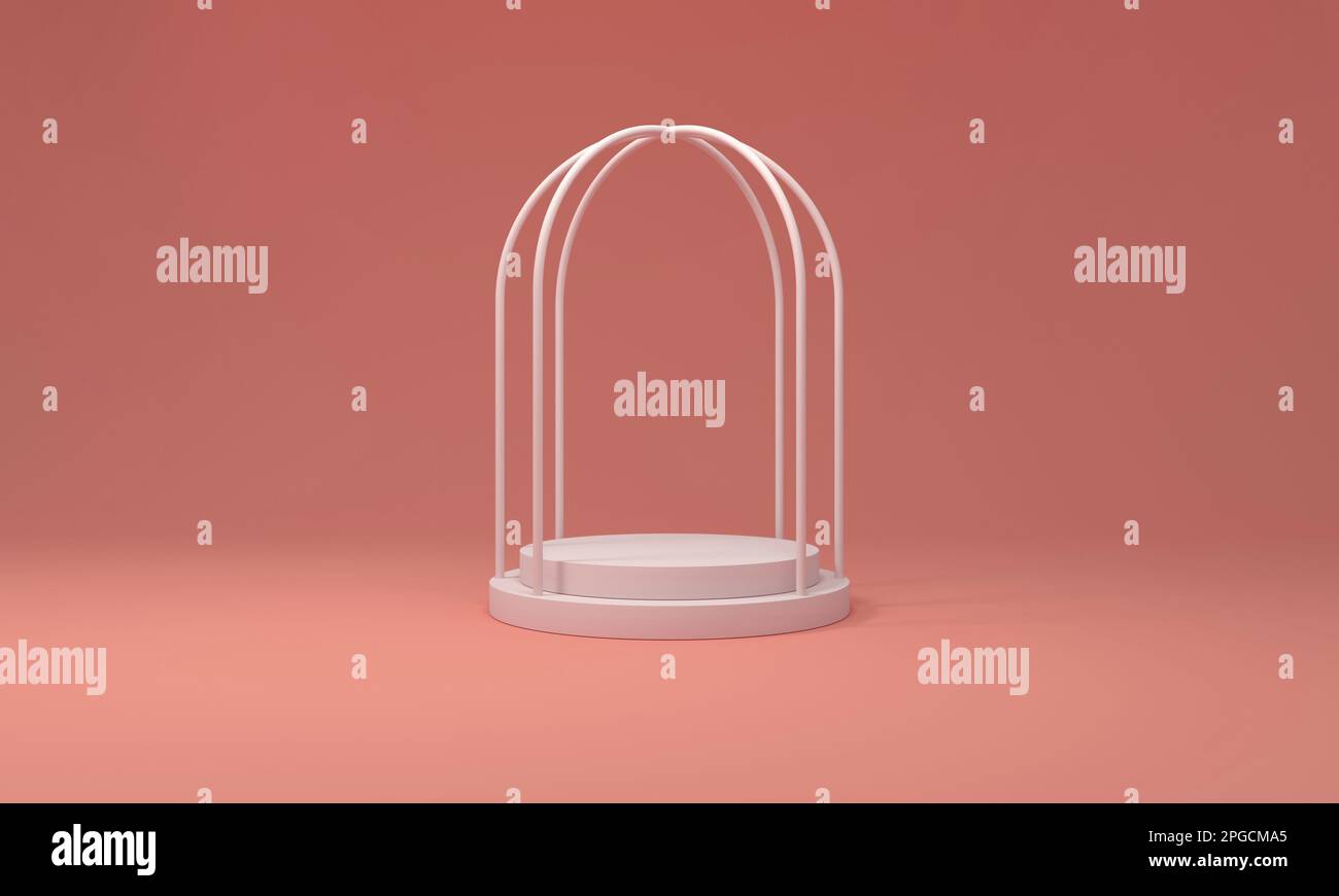 Cage with podium for display products on pastel pink background. 3d ...