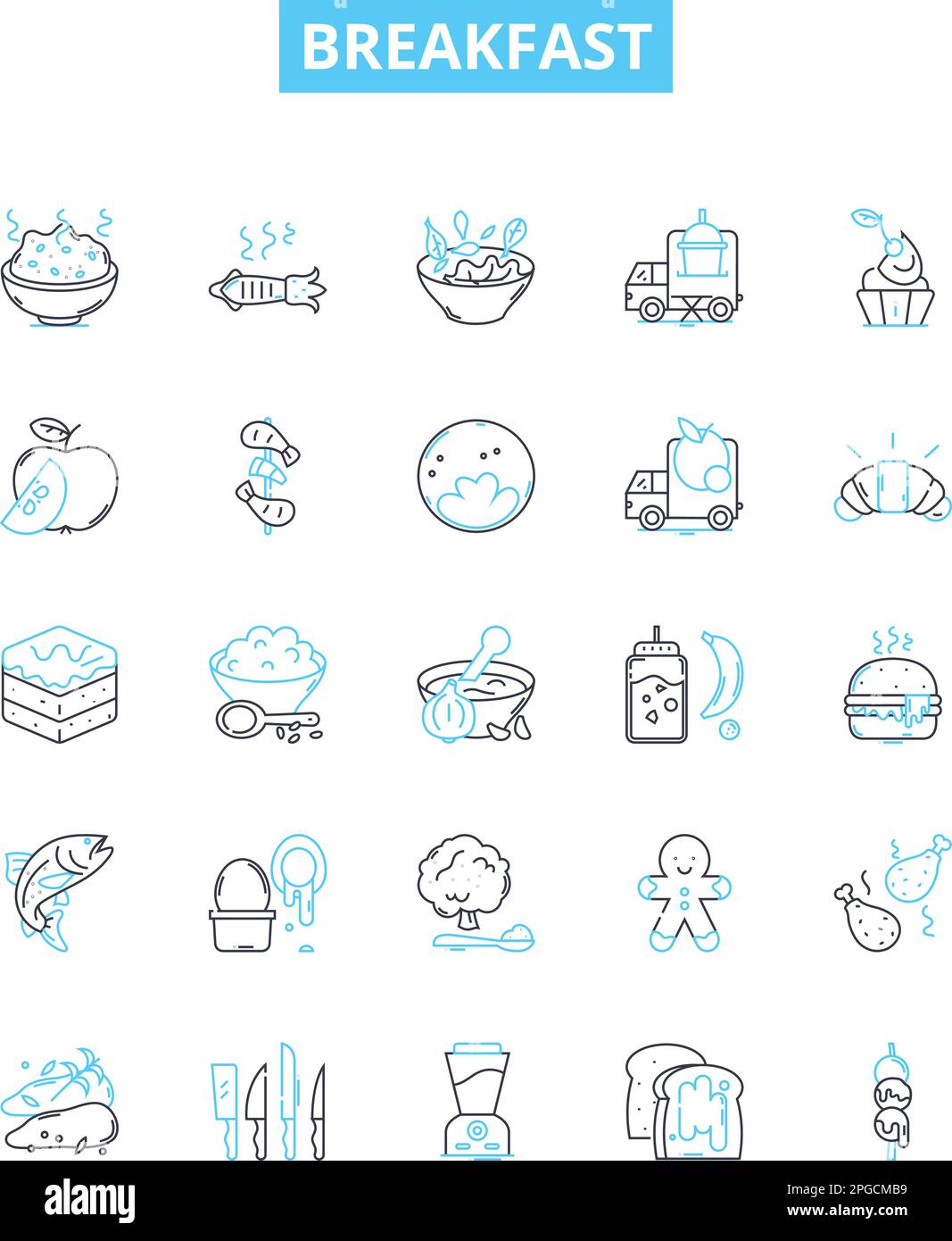 Breakfast vector line icons set. Eggs, Toast, Oatmeal, Pancakes, Cereal ...