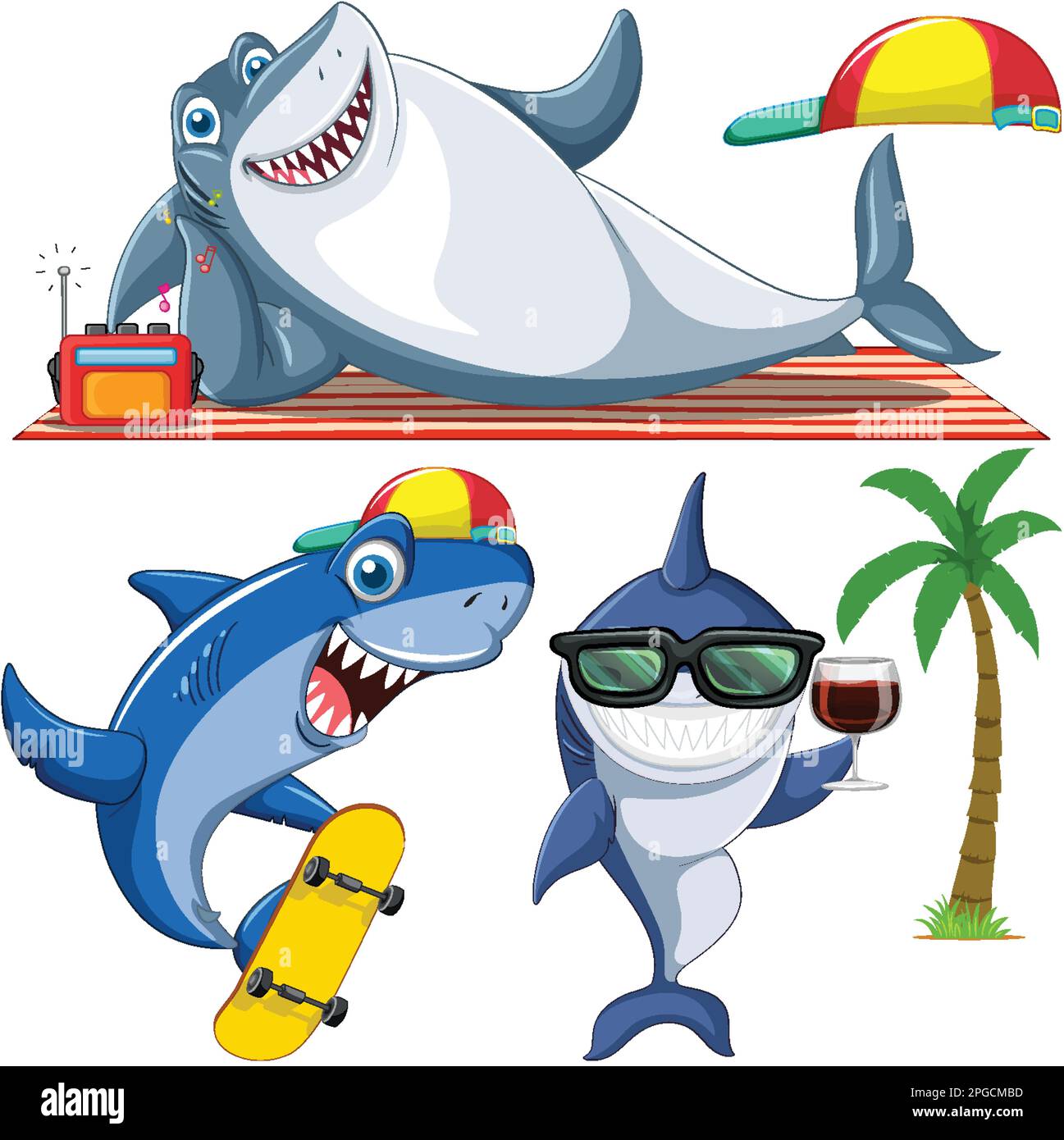 Set of sea creatures cartoon character in summer illustration Stock ...