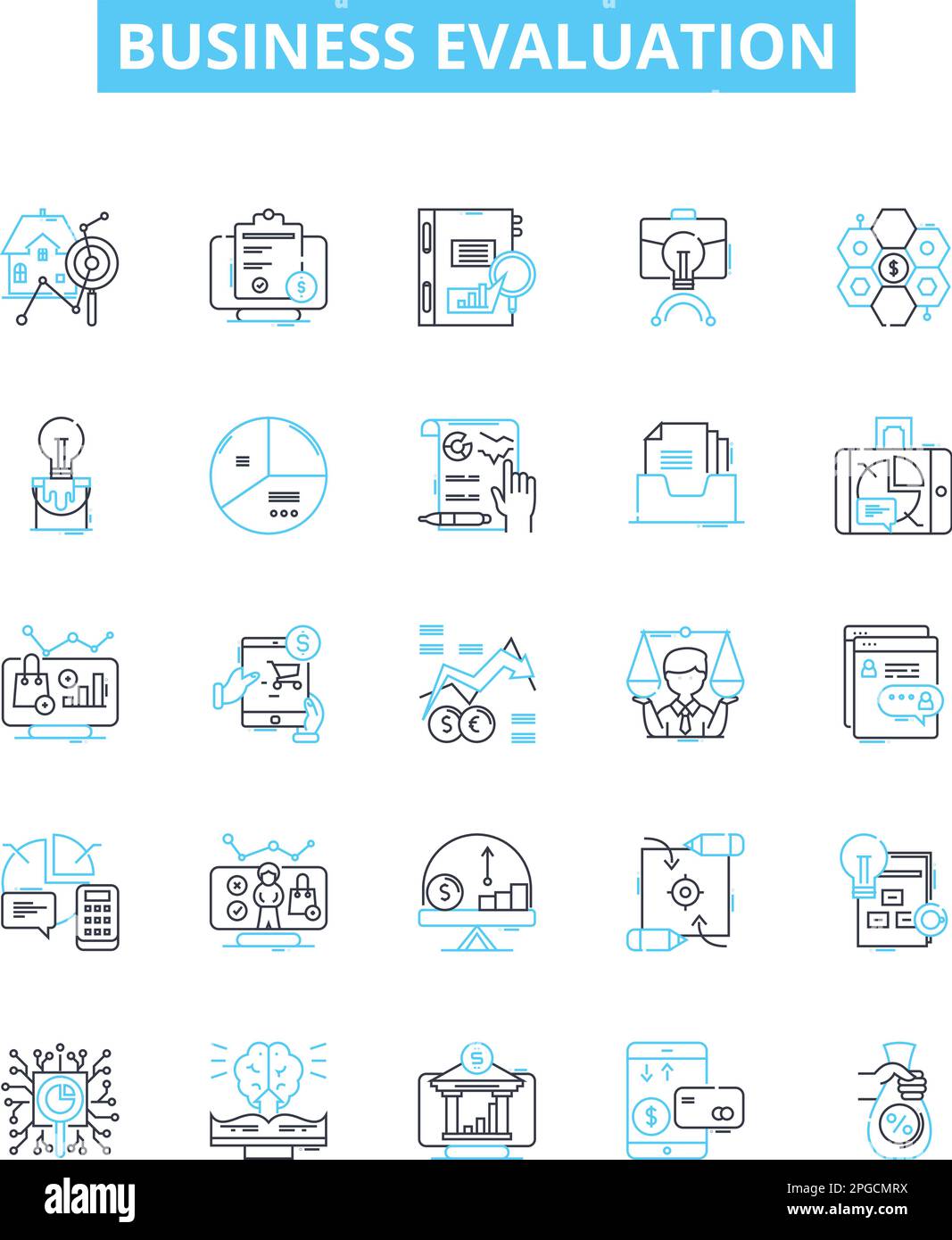 Business evaluation vector line icons set. Valuation, Analysis, Assess, Assessments, Review ...