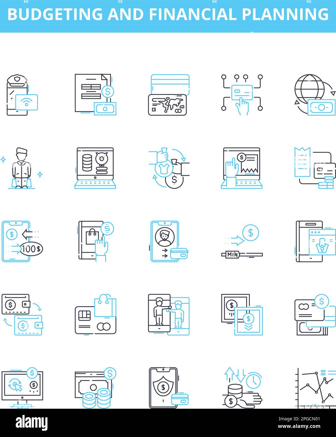 Budgeting and financial planning vector line icons set. Budget, Income, Expenses, Saving ...