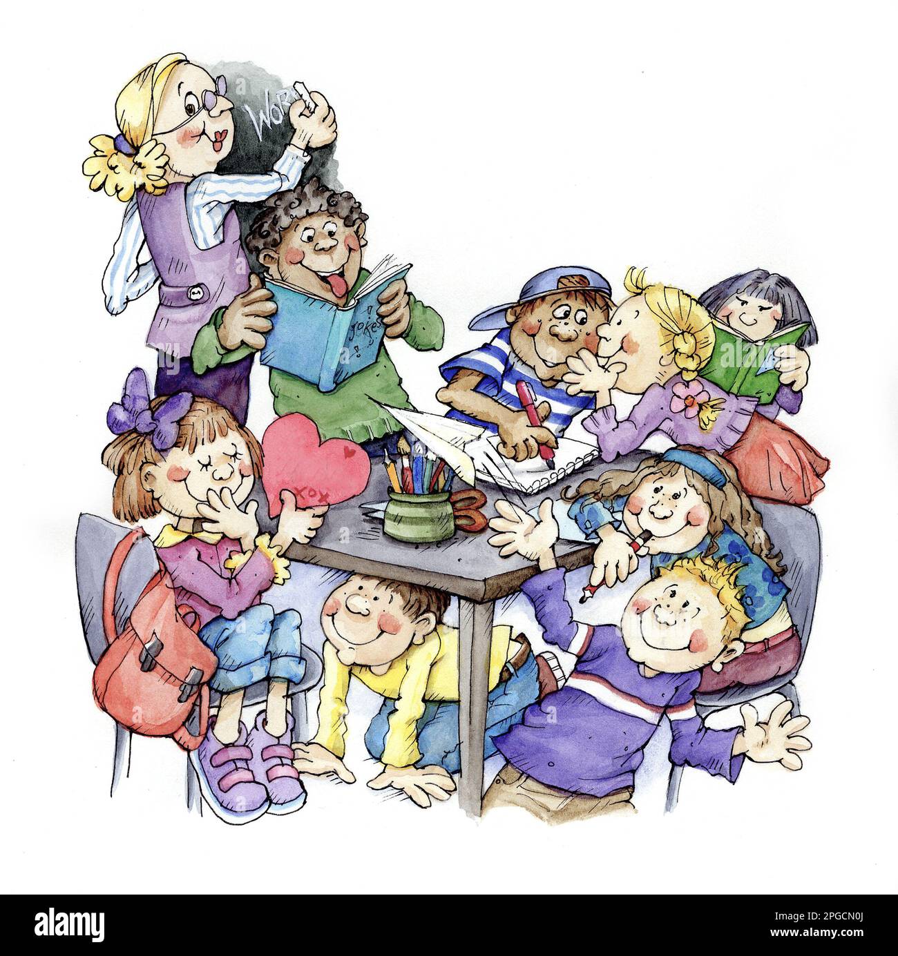 Juvenile-cartoon kids in classroom with teacherjpg Stock Photo - Alamy