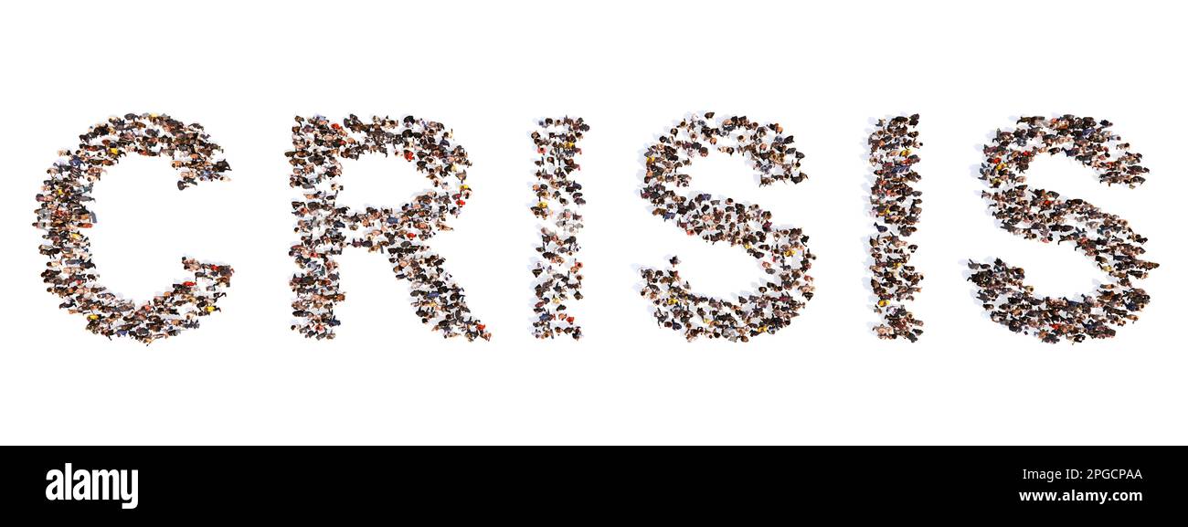 Concept or conceptual large community of people forming the word CRISIS ...