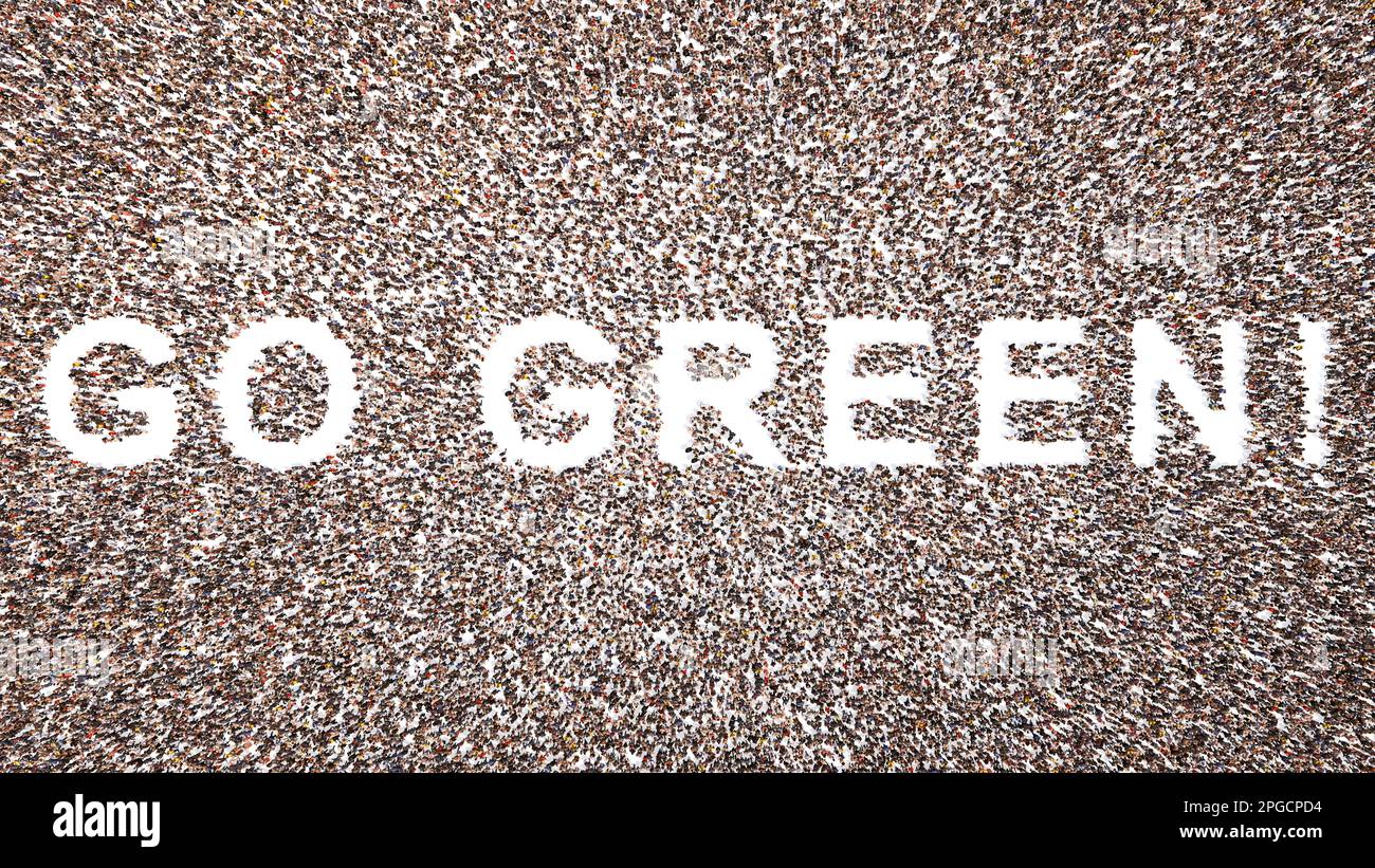 Concept or conceptual large community of people forming the GO GREEN ...