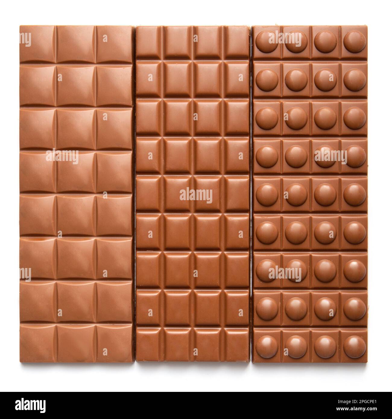 Three different chocolate bars on a white background. Long different ...