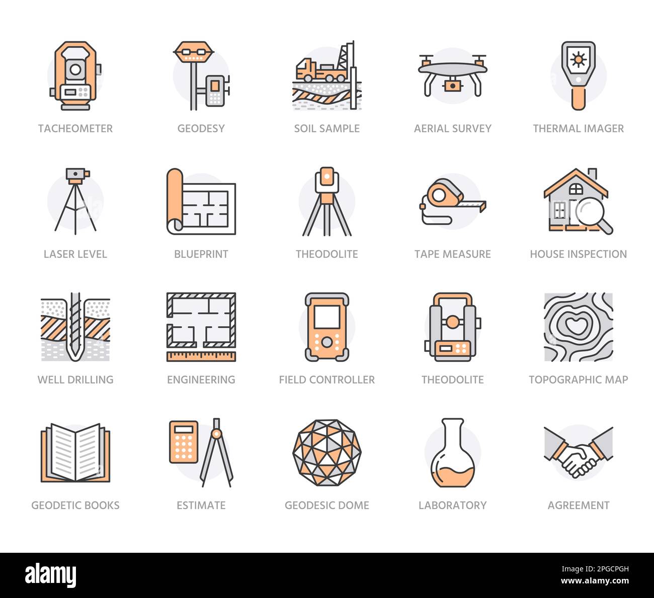 Geodesy flat line icons. Geodetic survey engineering equipment ...