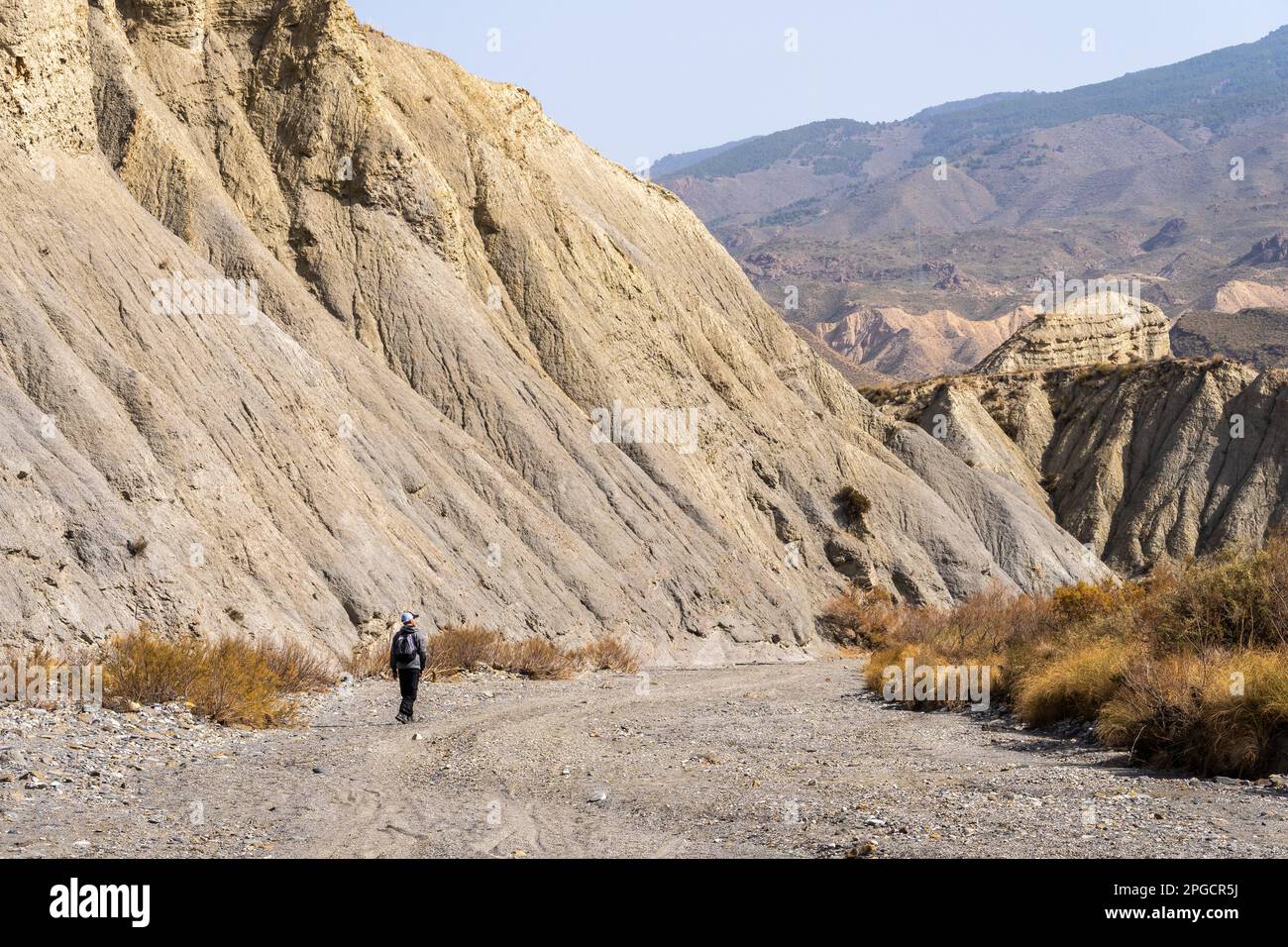 Back view of unrecognizable tourist walking near rough formations and ...